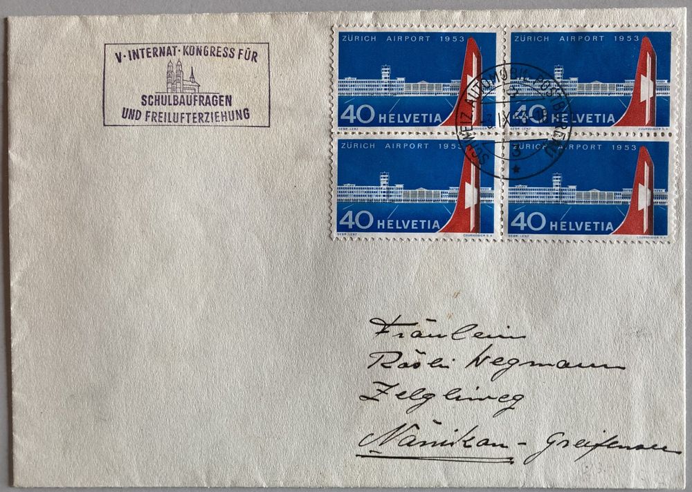 Flughafen Zürich 1953 mit Viererblock, No 313, SBK 85 Fr. (Gebraucht) in Flawil für CHF 12 – mit ...