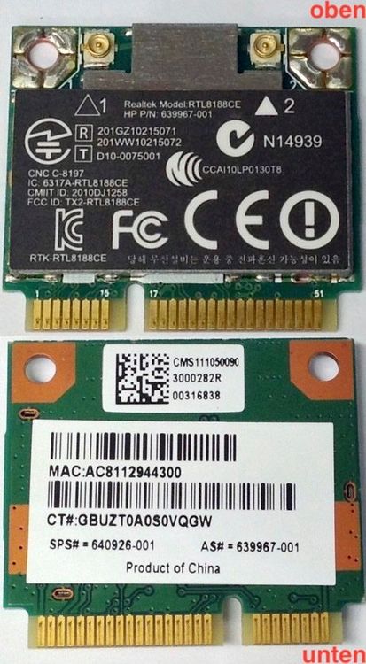 Realtek RTL8188CE 802.11b/g/n WiFi Adapter miniPCIe (Gebraucht) in ...