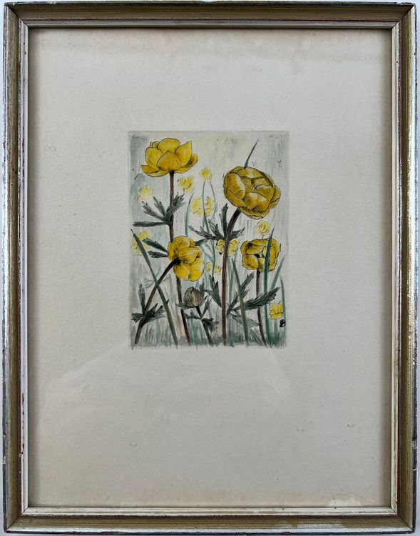 Farbkoloriert Blumen Radierung mit Notiz. | Kaufen auf Ricardo