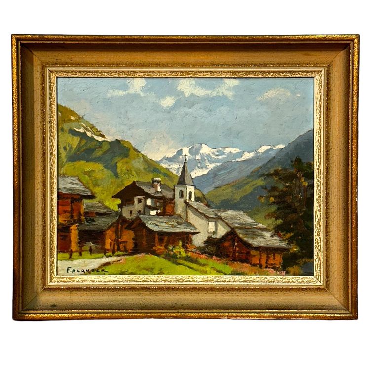 Church in the mountains oil painting on cartoon by Falquier | Kaufen auf Ricardo