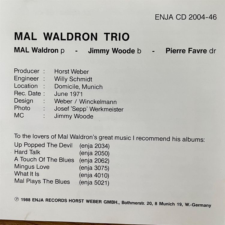 Mal Waldron - Pierre Favre ·- Jimmy Woode 1988 (enja) (Gebraucht) in ...