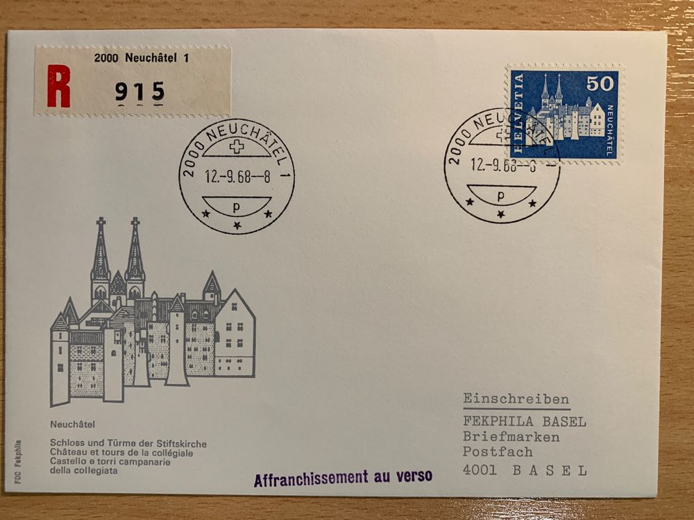 Neuchâtel: Poststempel und Briefmarke 1988 Schloss Kirche (Gebraucht ...