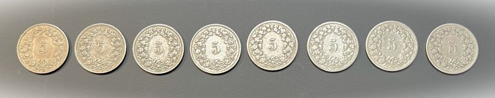 Acht schöne 5 Rappen-Stücke aus den Jahren 1879 bis 1905 (Gebraucht) in ...