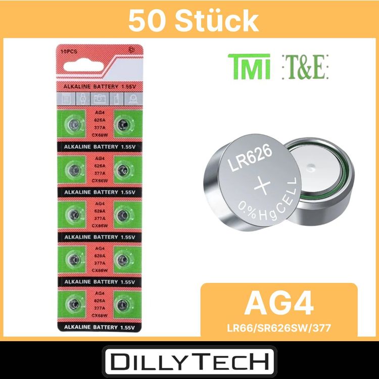 TMI (T&E) AG4, SR626SW, 377 Alkaline-Knopfbatterien - 50 Stk (Neu und originalverpackt) in ...