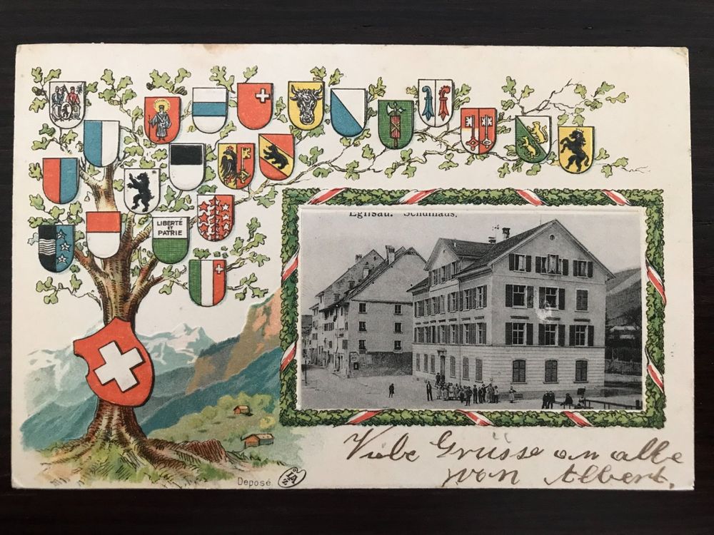 EGLISAU Schulhaus, belebt, Prägekarte, Wappen, 1904 (Gebraucht) in Wald ZH für CHF 9 – mit ...