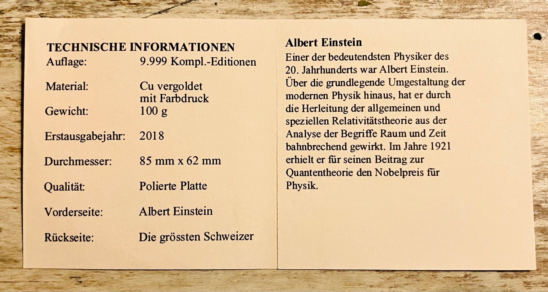 vergoldete Albert Einstein Gedenkmedaille mit Farbdruck (Gebraucht) in ...