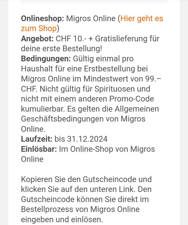 MIGROS Onkine 10 CHF Gutschein (Neu und originalverpackt) in St.Pelagiberg für CHF 1 – mit ...