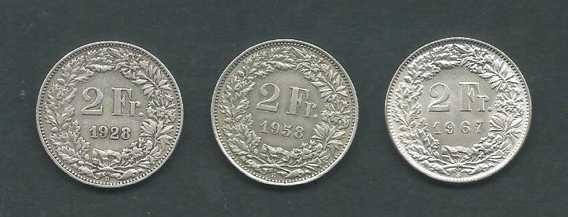 3x 2Fr. Silbermünzen 1928, 1958, 1967 (Gebraucht) in Mönchaltorf für CHF 20 – mit Lieferung auf ...