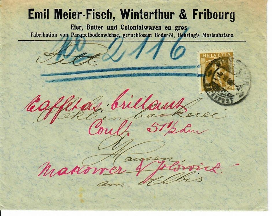 Brief, Emil Meier-Fisch Winterthur & Fribourg (Gebraucht) in Hochdorf ...