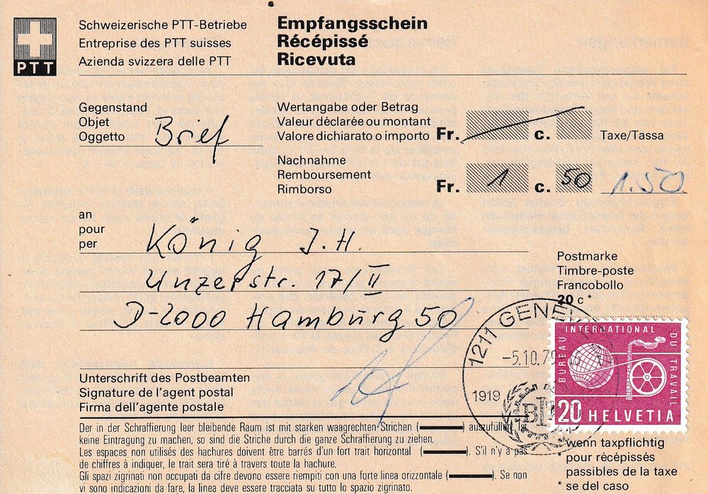 Empfangsschein mit Dienstmarke BIT ʘ Genève 05.10.1979 -> (Gebraucht ...