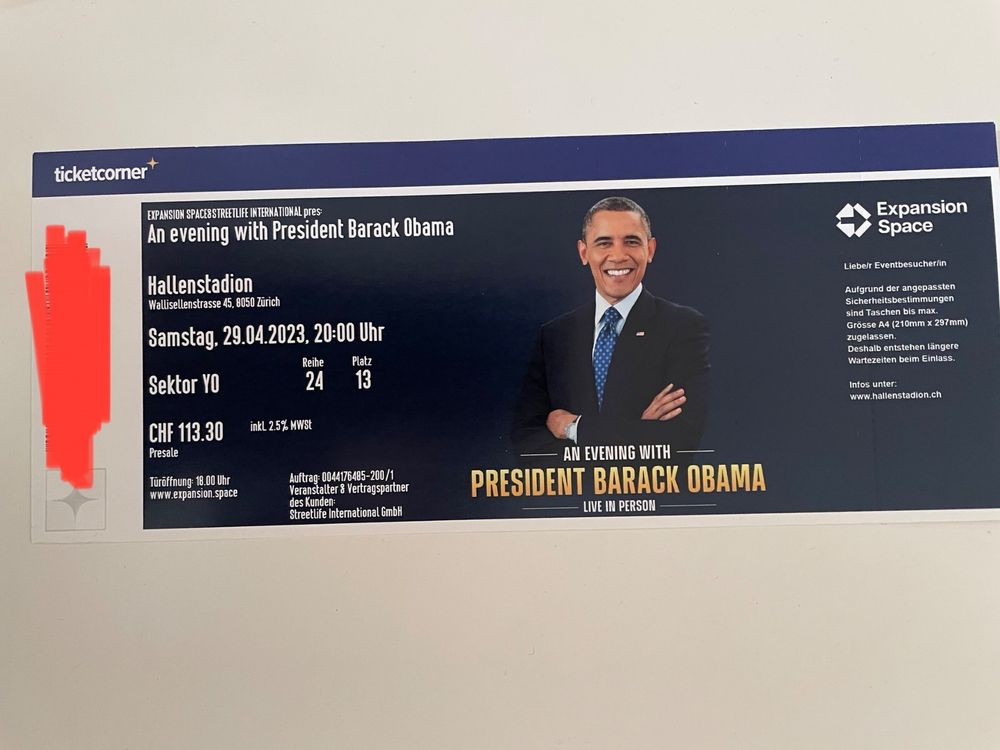 Ticket: Ein Abend mit Barack Obama, Hallenstadion (Neu (gemäss Beschreibung)) in Zürich für CHF ...