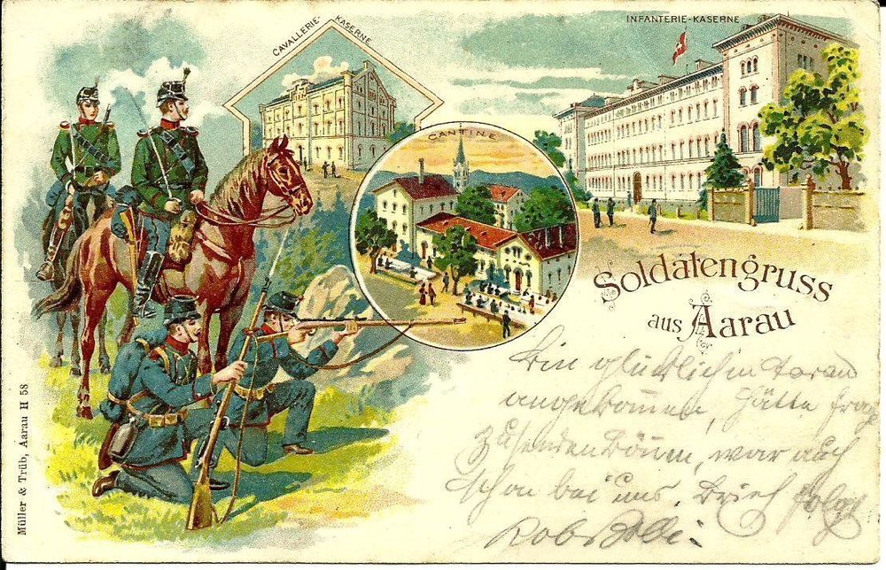 AK LITHO AARAU KASERNE CAVALLERIE PFERDE SOLDATEN 1899 (Gebraucht) in Aarau für CHF 12 – mit ...
