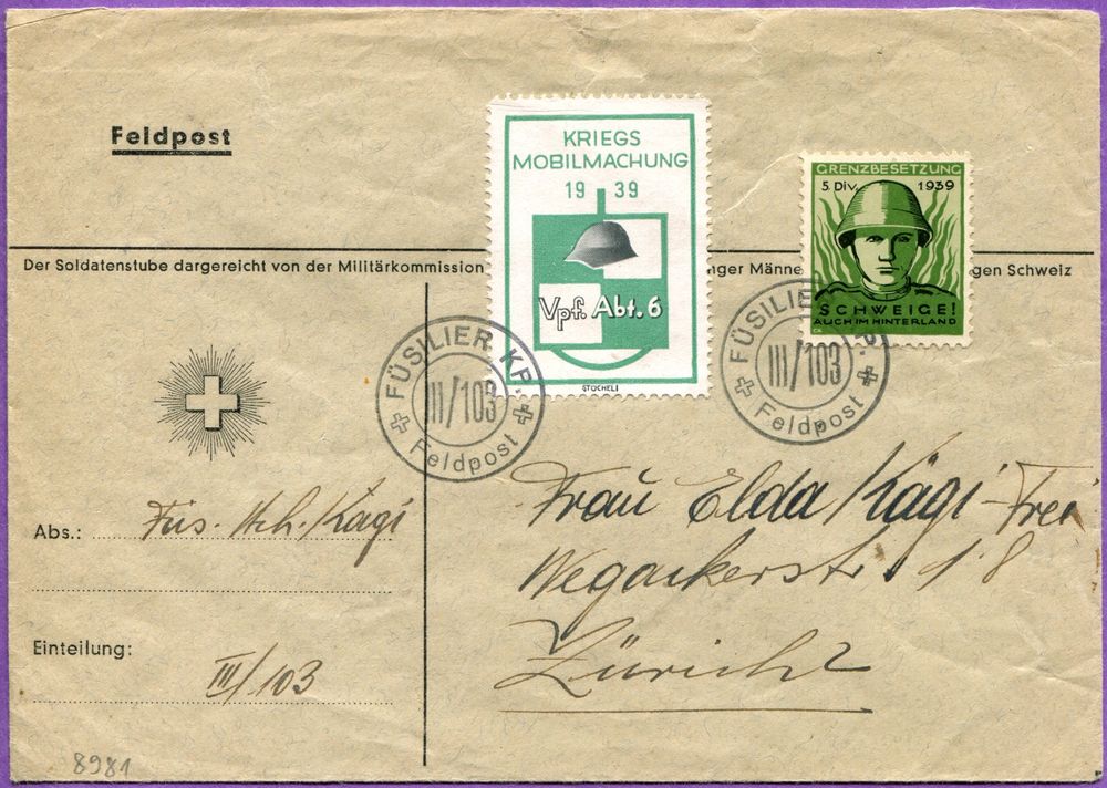 Feldpost 1939 Grenzbesetzung SCHWEIGE! Kriegsmobilm.Vpf.Abt6 | Kaufen auf Ricardo