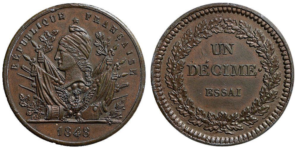 b- Frankreich, 1 Décime (10 Cents) 1848 ESSAI Pattern RRR! (Usato) a ...
