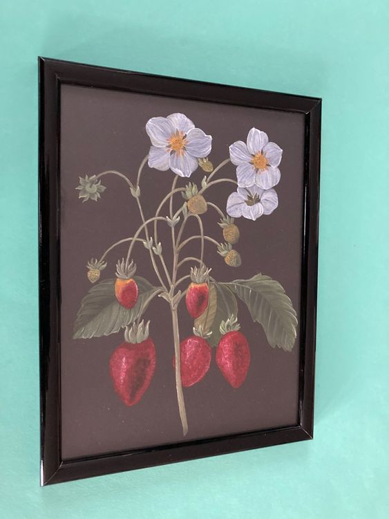 Gemälde Bild Erdbeeren und Blüten gerahmt hinter Glas | Kaufen auf Ricardo