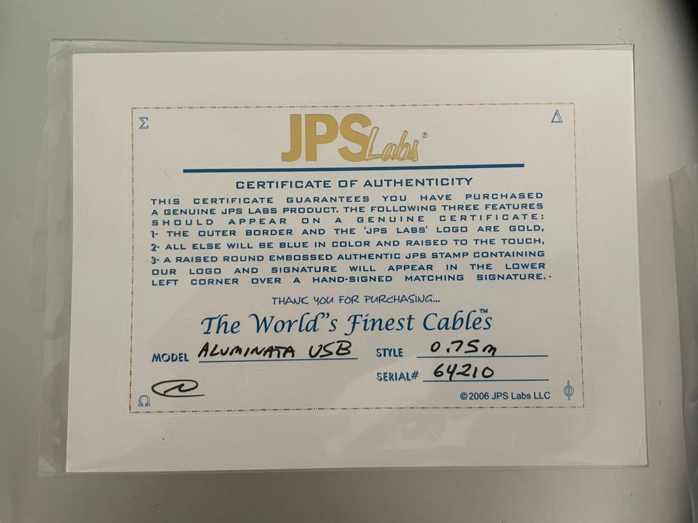 JPS Labs Aluminata Top Hi-Fi USB Kabel 0.75m (Neu und originalverpackt ...