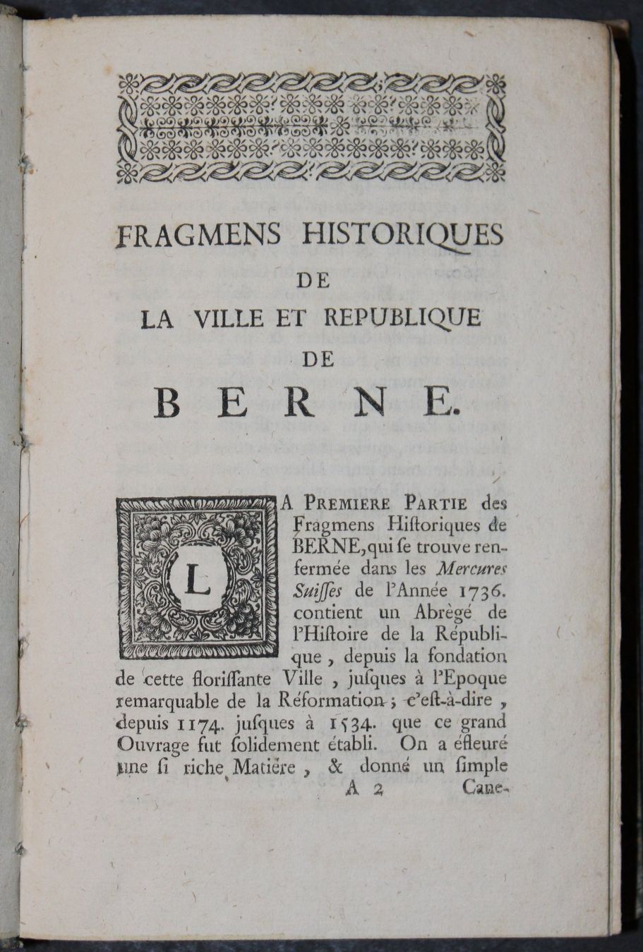 FRAGMENS HISTORIQUES DE LA VILLE ET REPUBLIQUE DE BERNE,1737 (Gebraucht ...