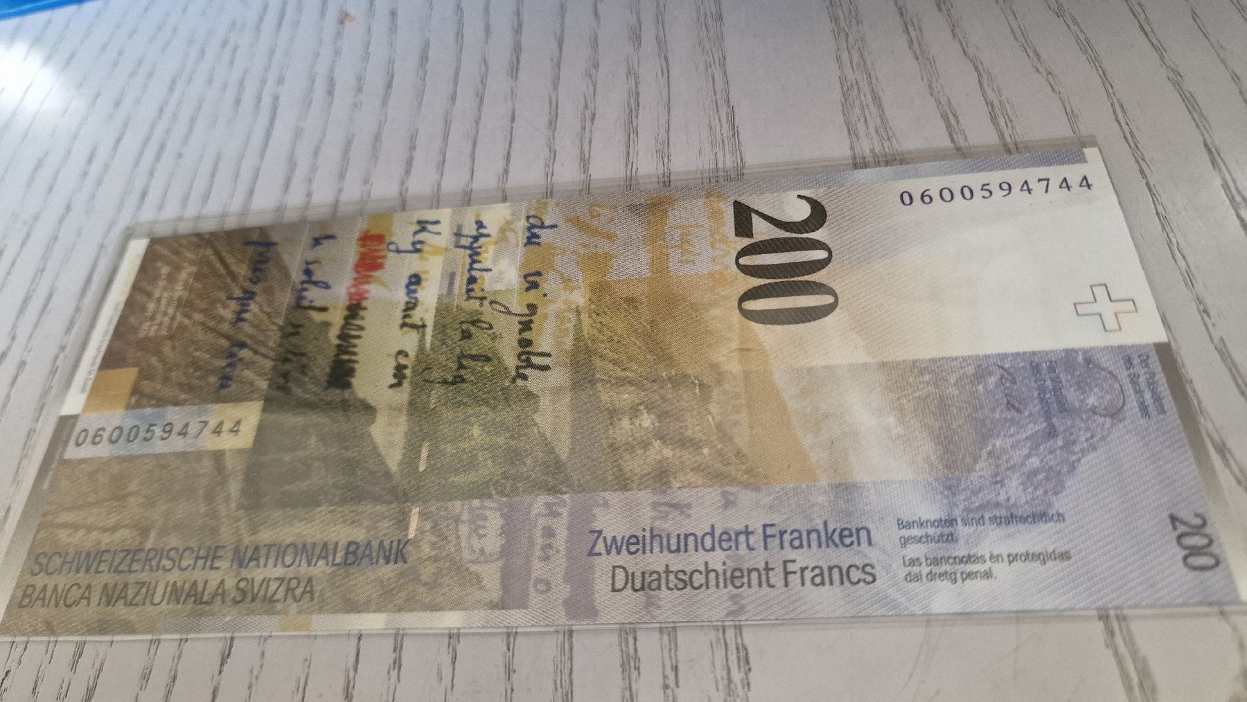 Schweizer Banknote, 200 CHF Schein mit Notizen, 2006 (Neu und ...