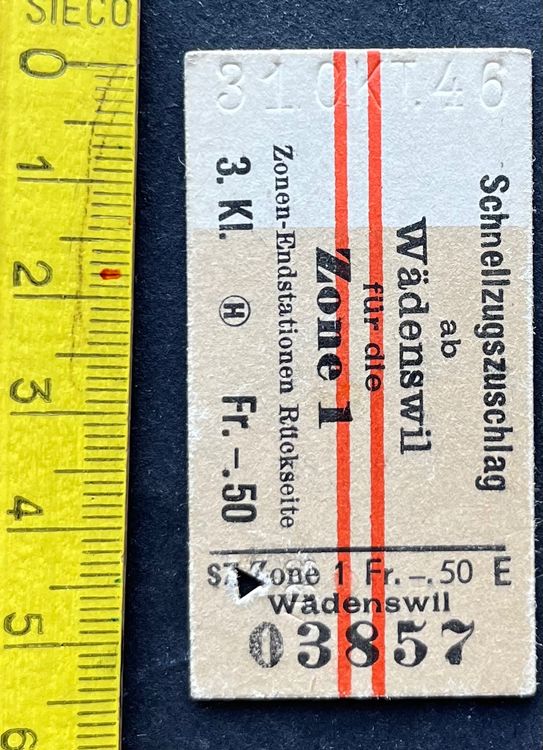 Schnellzugszuschlag ab Wädenswil Zone 1/ 3 Klasse 1946 (Gebraucht) in Wabern für CHF 14.3 – mit ...