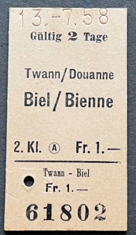 Twann/ Douanne Biel / Bienne 1958/Bahnbillett (Gebraucht) in Wabern für CHF 0.9 – mit Lieferung ...