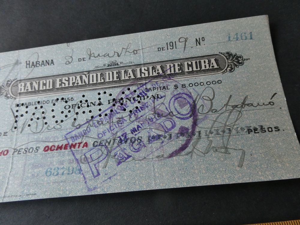 Cuba 1919, Banco Espanol de las Isla de Cuba, Bankcheck (Gebraucht) in ...