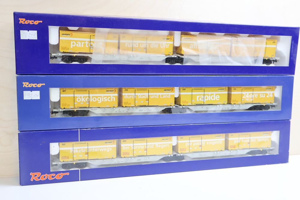 ROCO 3 x SBB Post Doppel-Containerwagen 66565/64/69 - H0 (Usato) a ...