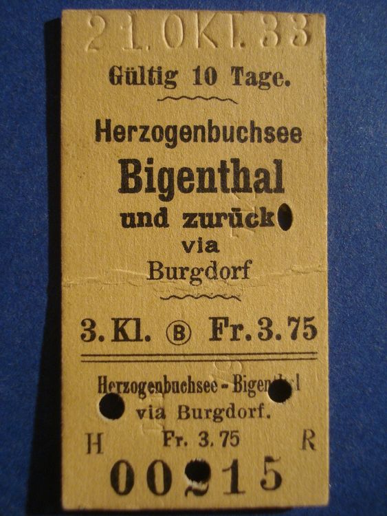 SBB - 21.10.1933 - HERZOGENBUCHSEE - BIGENTHAL - 3.Klasse (Gebraucht) in Biel/Bienne für CHF 22 ...