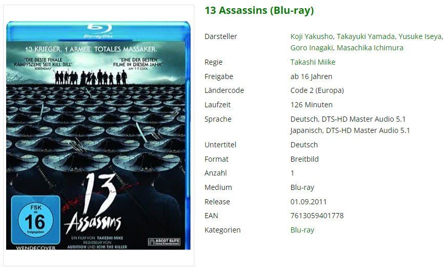 13 Assassins (Blu-ray) (Gebraucht) in Buchrain für CHF 3 – mit Lieferung auf Ricardo kaufen
