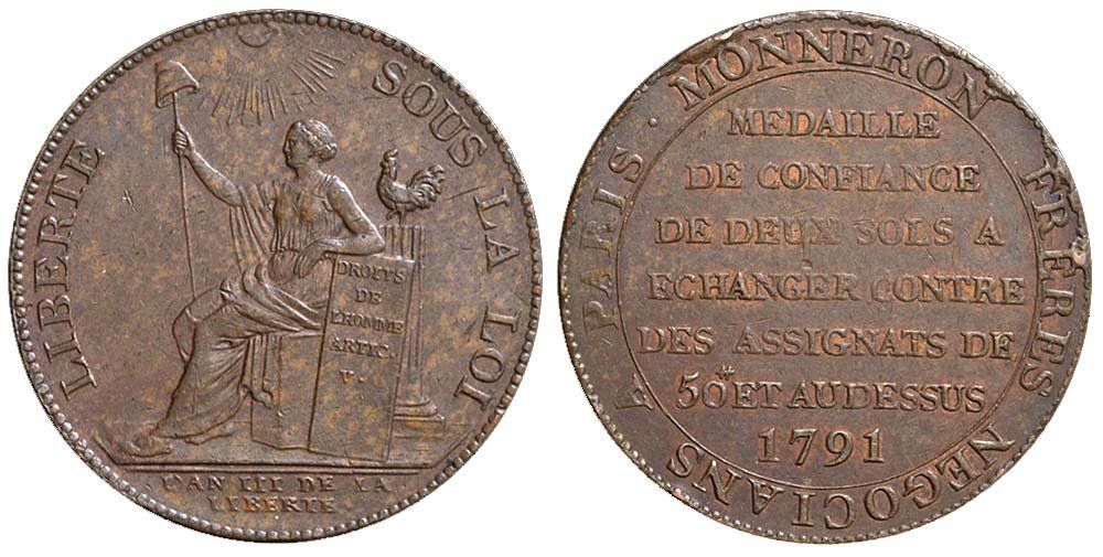 b- Frankreich, Bronzemedaille 2 Sols 1791, Jahr 3 (Usato) a Chiasso per ...