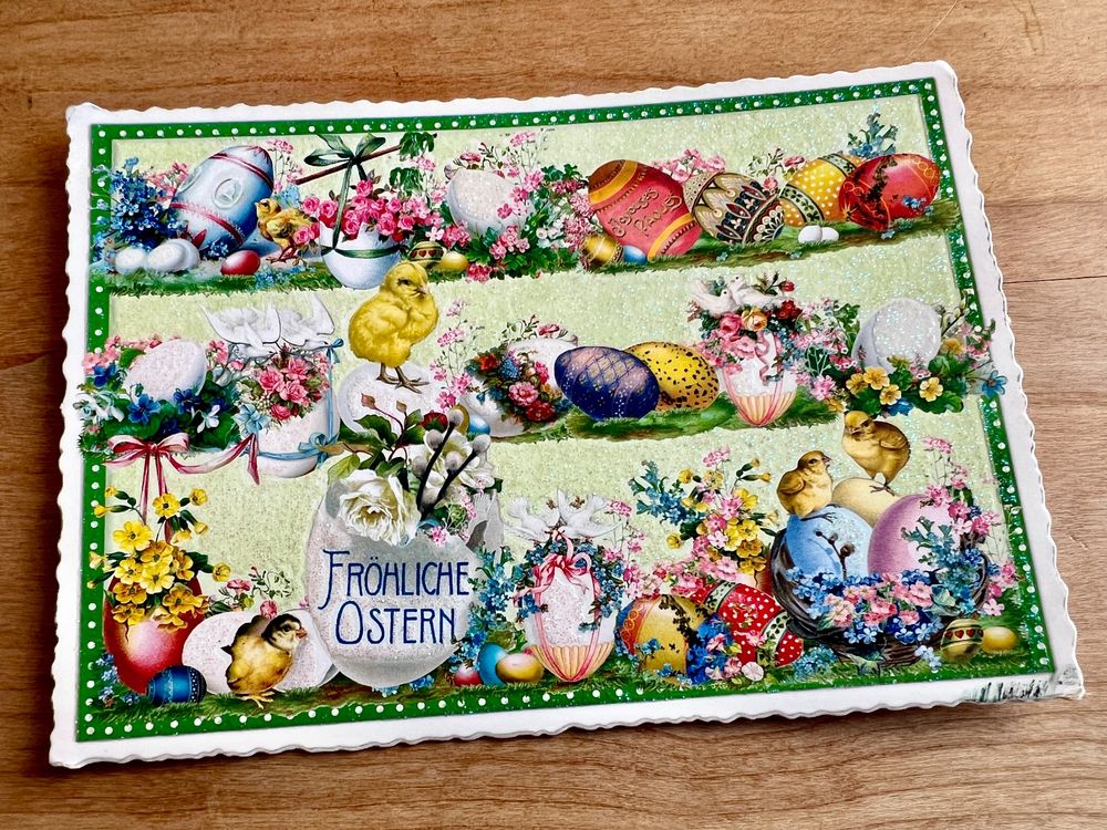 AK, Fröhliche Ostern, farbige Ostereier, Kücken, Glitter (Gebraucht) in Stäfa für CHF 1 – mit ...