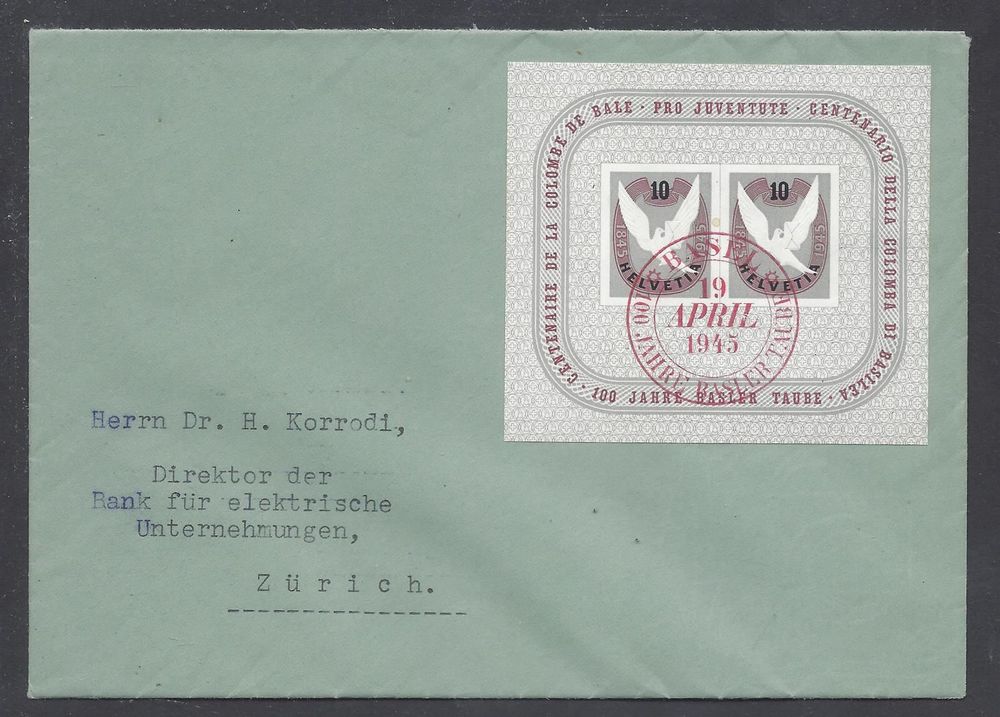 1945 : Basler Taube Block auf Brief (Gebraucht) in Gümligen für CHF 15 – mit Lieferung auf ...