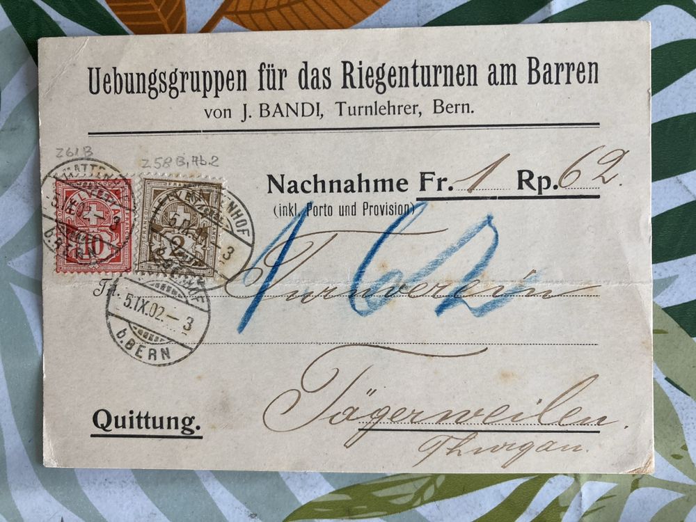Historische Turnen Quittung von 1902, J. Bandi, Bern (Gebraucht) in ...