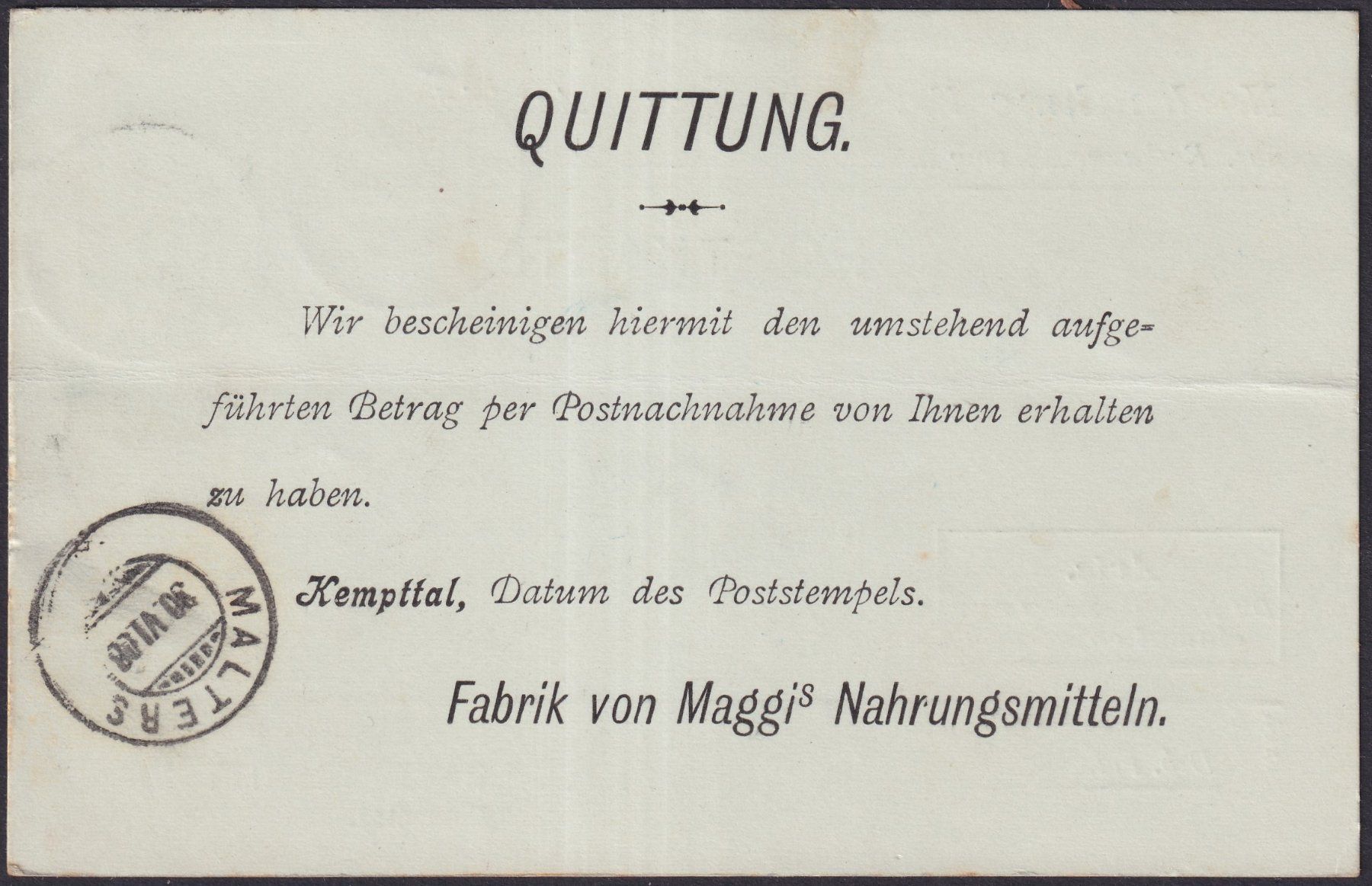 1908, PERFIN-Karte von KEMPTTHAL (Firma MAGGI's) mit 95B -R! (Gebraucht ...