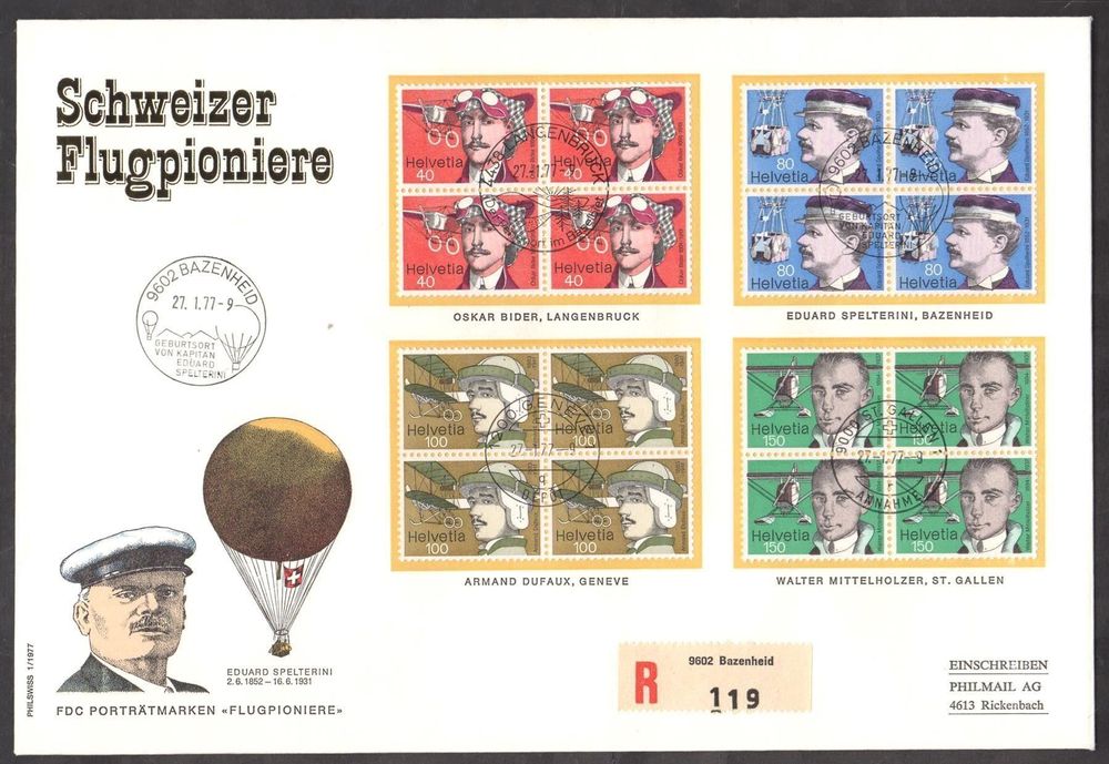 Grossbrief, Schweizer Flugpioniere, 4x 4er-Block, ET (Gebraucht) in Walzenhausen für CHF 7 – mit ...