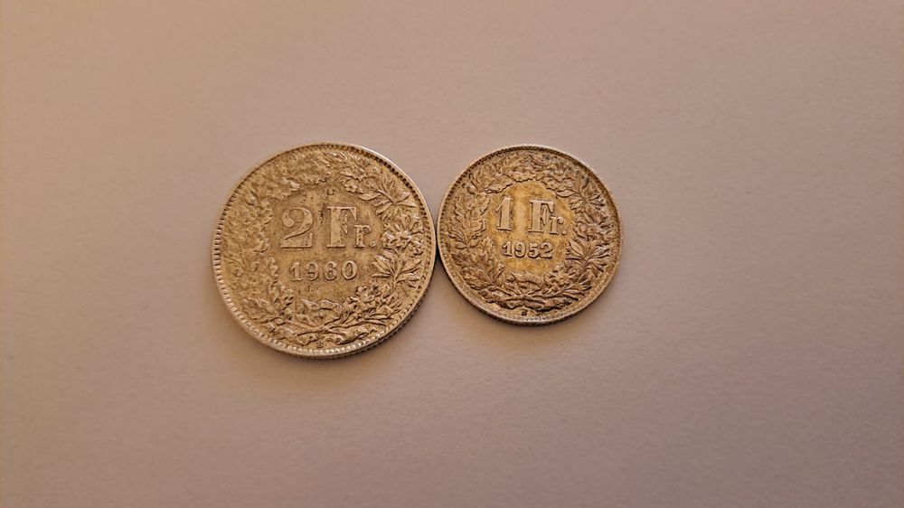Silbermünzen 2 Fr. 1960 & 1 Fr. 1952 Jahrgang (Gebraucht) in Wängi für CHF 8.5 – nur Abholung ...