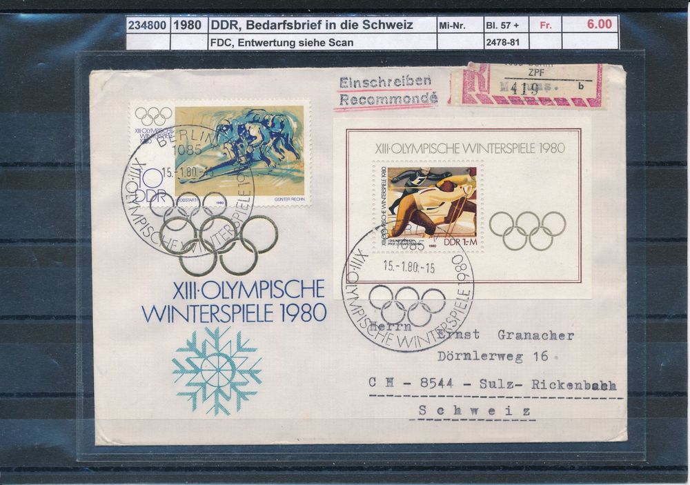 1980 DDR, R - Bedarfsbrief in die Schweiz - FDC (Gebraucht) in Winterthur für CHF 6 – mit ...