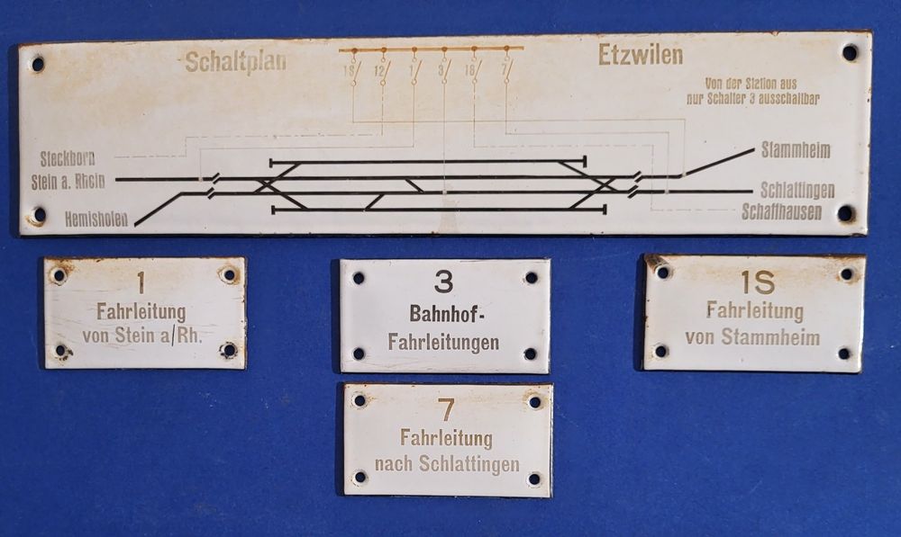 SBB - BAHNHOF ETZWILEN - SCHALTPLAN - 5 Stk. Email SCHILDER (Gebraucht ...