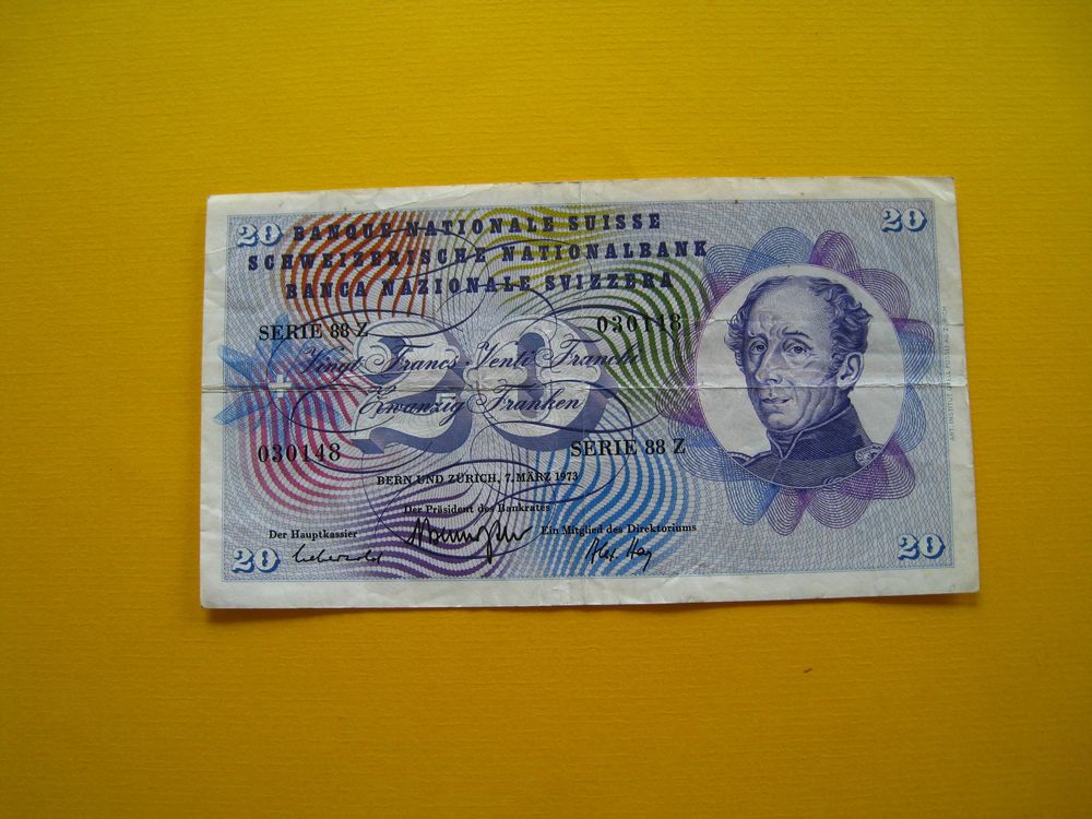 20 Franken-Note 1973, General Dufour (Gebraucht) in Alpnach-Dorf für ...