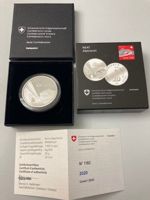 20 Fr. Münze PP, NEAT Alptransit Ceneri, Eisenbahn, 2020 (Neu und originalverpackt) in Luzern ...