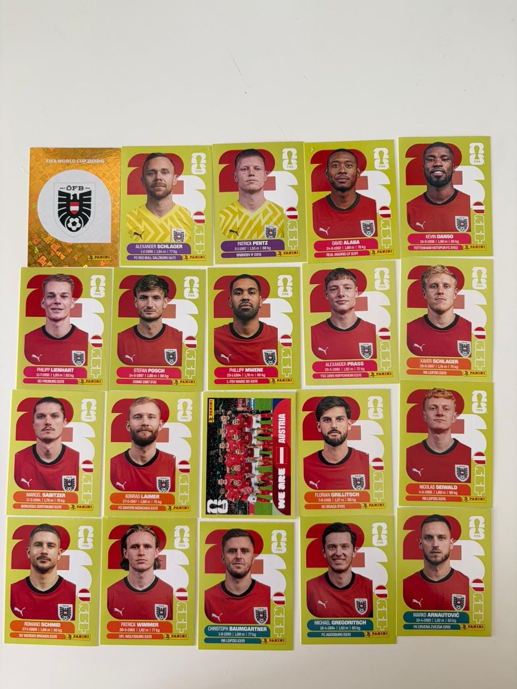 Panini-Sticker WM-2026, Team Österreich KOMPLETT, 20 Sticker (Gebraucht ...