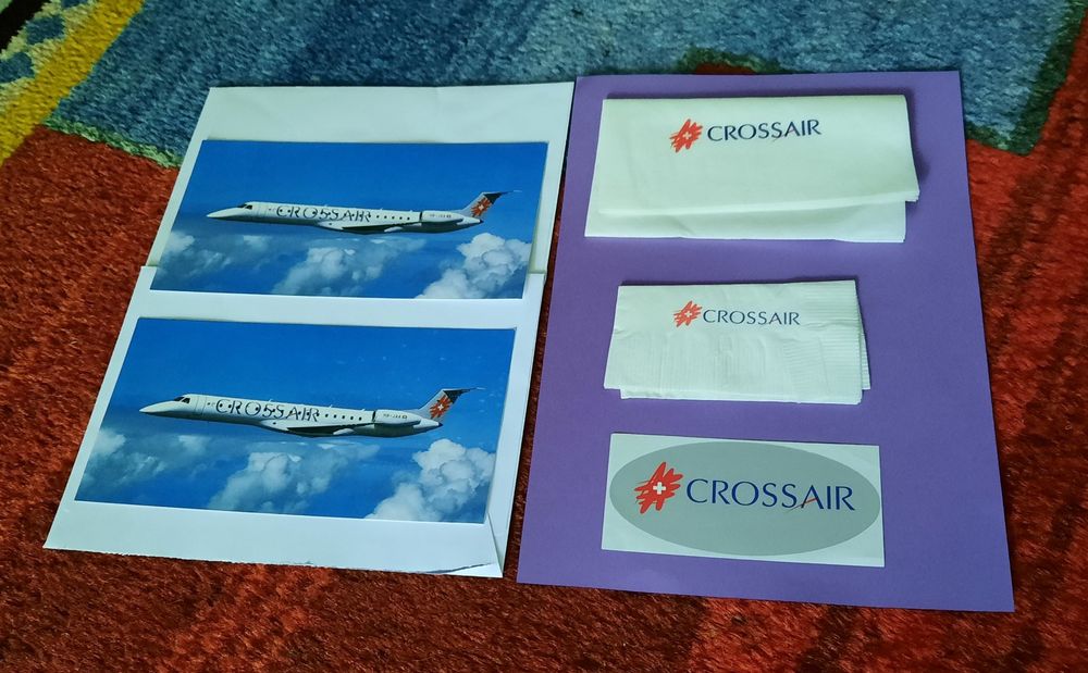 Crossair Konvolut, 2 Postkarten, 1 Aufkleber, 2 "Servietten" (Gebraucht) in Basel für CHF 5 ...