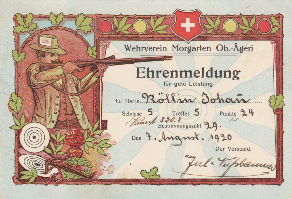 Ehrenmeldung Wehrverein Morgarten - Ob.-Aegeri 1920 (Gebraucht) in Rorschacherberg für CHF 12 ...