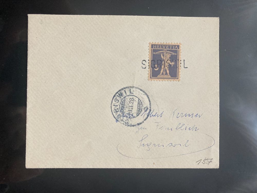 Schweiz 1928 Bedarfsbrief 5 Rp. Tellknabe Balken SIGRISWIL (Gebraucht) in Liestal für CHF 5 ...