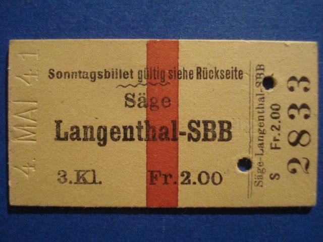 SBB - 4.5.1941 - SÄGE - LANGENTHAL SBB - 3.Klasse (Gebraucht) in Biel/Bienne für CHF 177 – mit ...
