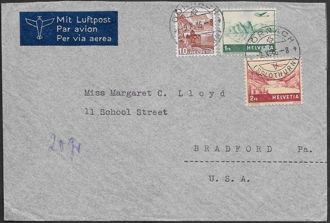 1946 Luftpost Brief 20g. Dornach in die USA F32, F33 ab 1.- (Gebraucht ...