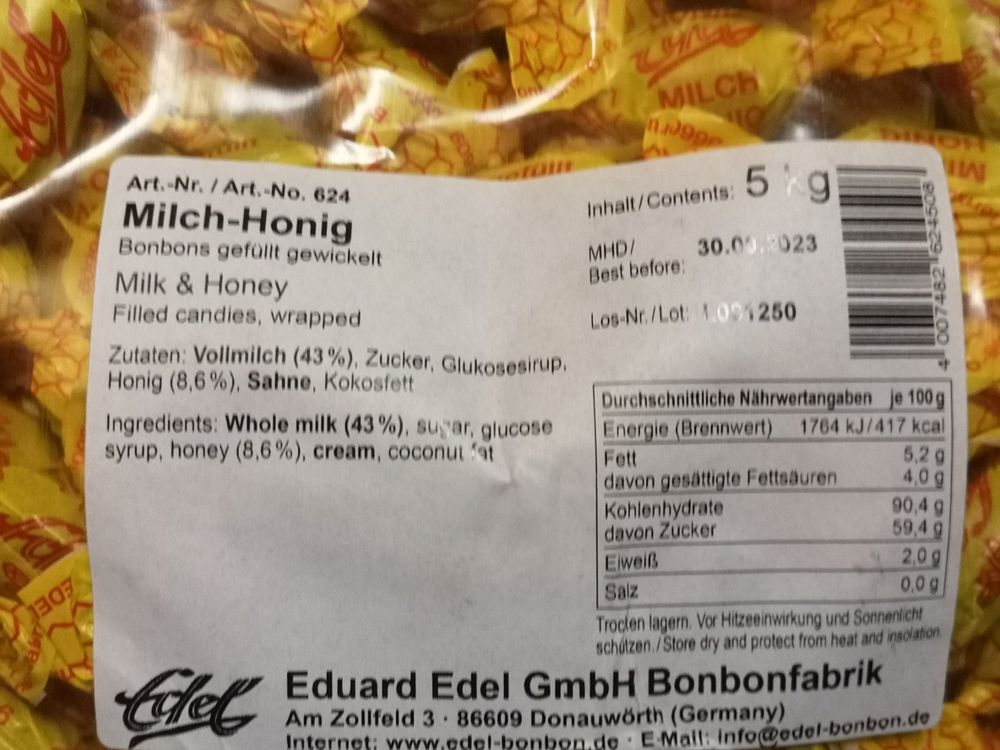 5 x 5kg EDEL Milch - Honig - Bonbons (Neu und originalverpackt) in ...