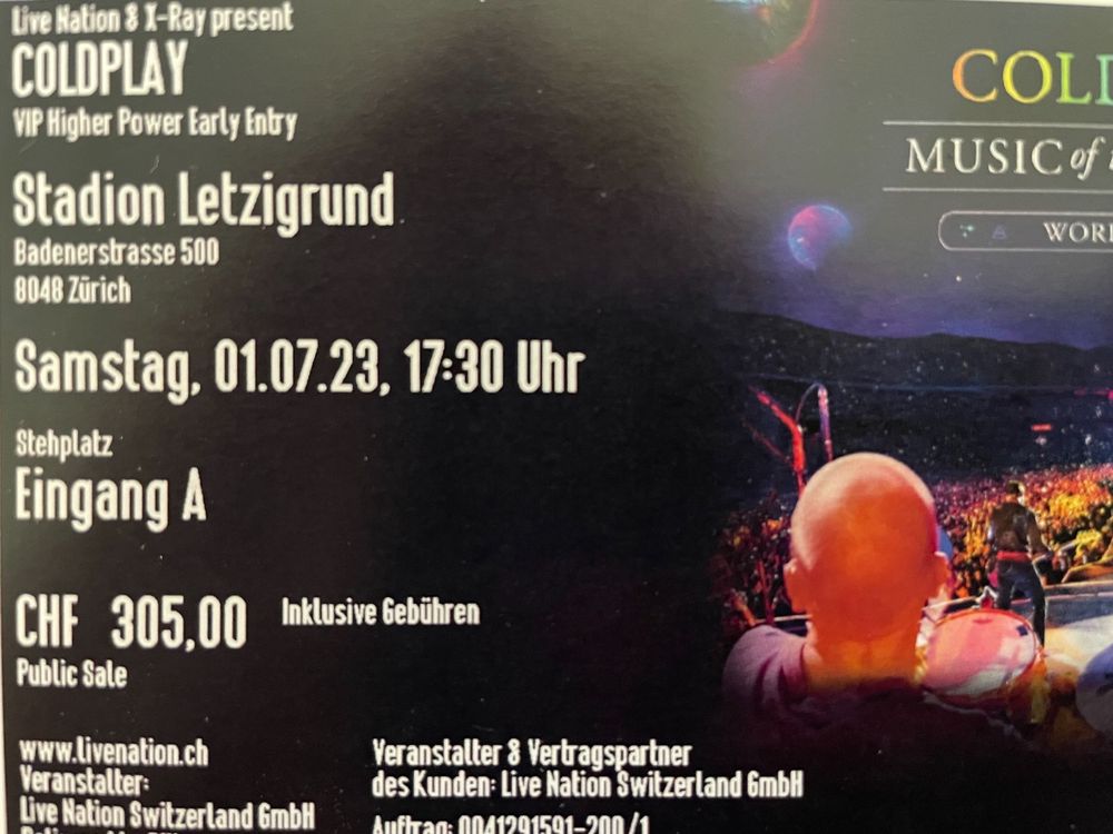 1 x Coldplay Higher Power Early Entry VIP - ab Originalpreis (Neu und ...