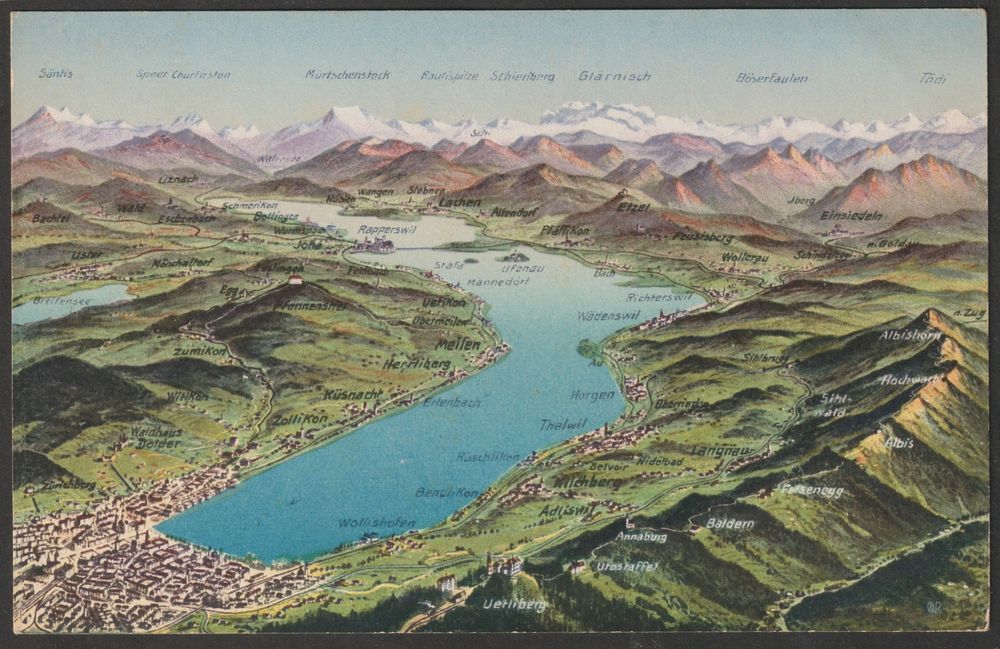 AK ZH: ungel., Vogelschau ZÜRICHsee-Region mit Alpen (Gebraucht) in ...