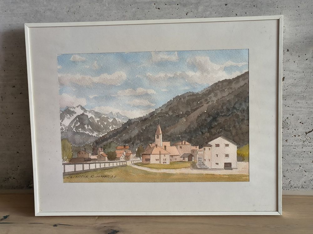 Aquarell Bergdorf Casaccia Bergell HJ. Stoffer 1984 | Acheter sur Ricardo