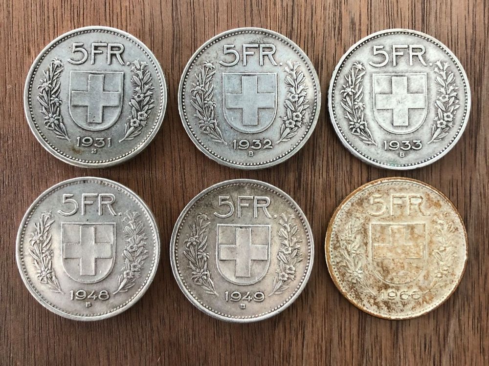 5 Franken Silbermünzen, 1931, 1932, 1933, 1948, 1949, 1966 (Gebraucht) in Jegenstorf für CHF 59 ...